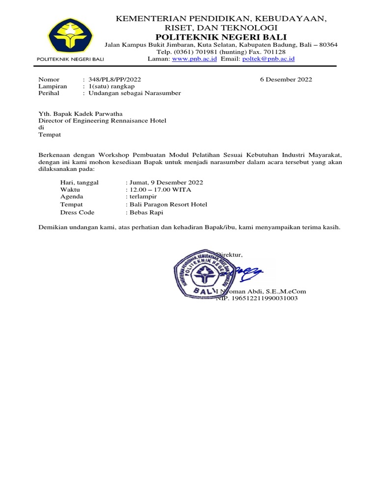 Draft Undangan Narasumber (Kadek Parwatha) | PDF