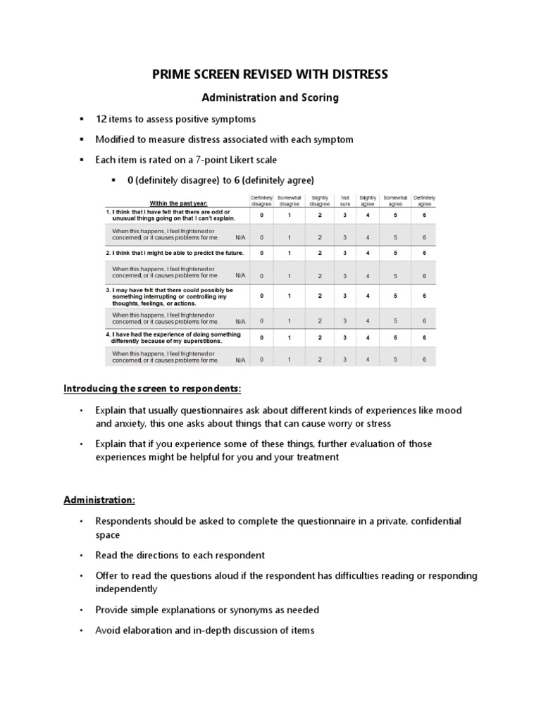 Revised PRIME Screen for Psychosis Assessment | PDF | Psychosis ...