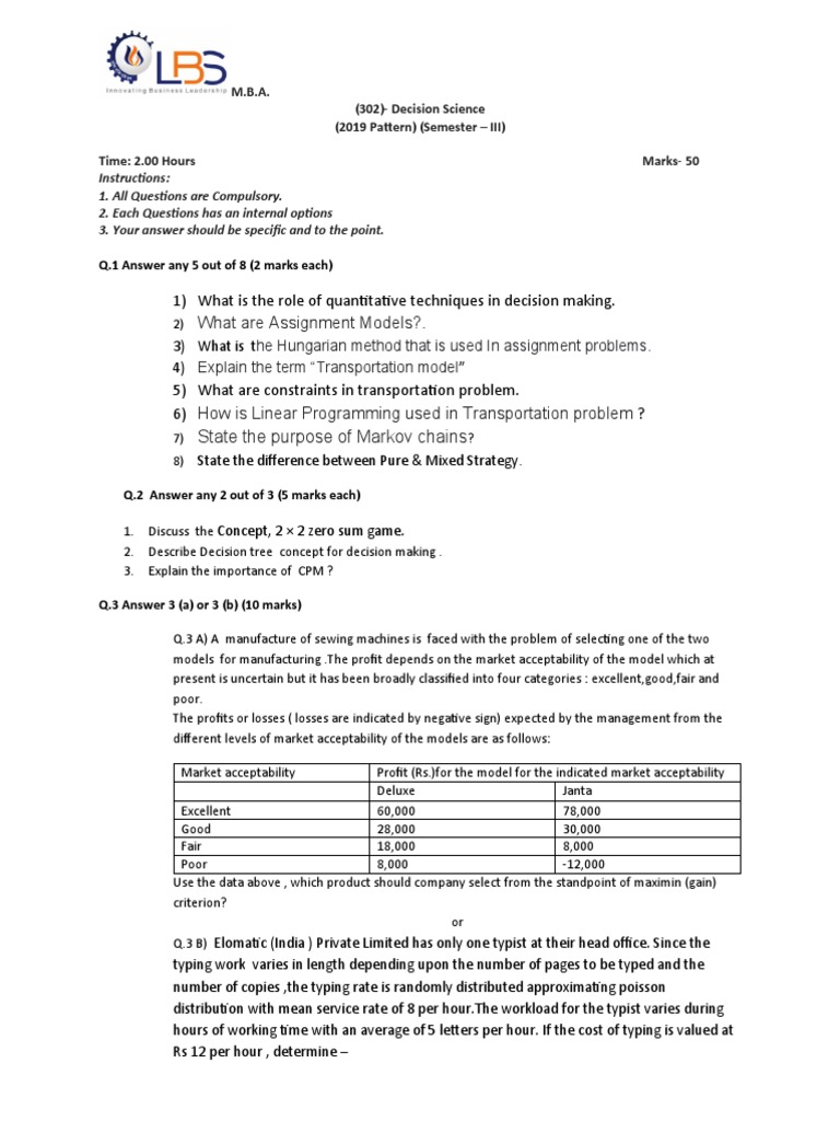 302 Decision Science Question - Paper | PDF | Applied Mathematics | Analysis