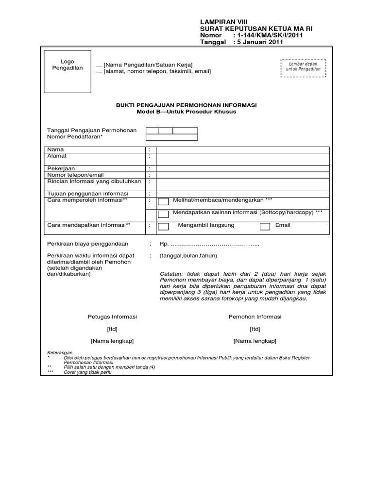 Lampiran VIII Formulir Permohonan Informasi Model B | PDF | Hukum