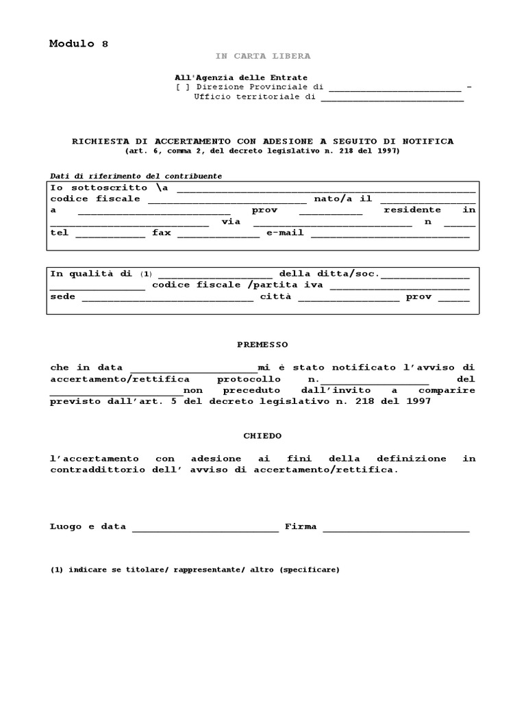 Fac Simile Di Istanza Di Accertamento Con Adesione | PDF