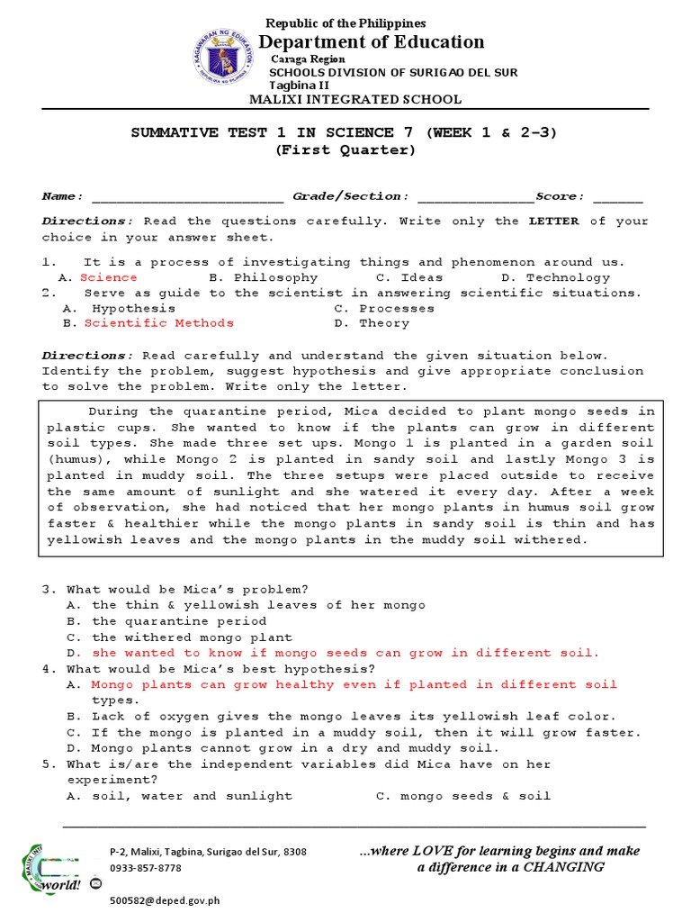 Q1 - SCIENCE 7 - Summative Test 1 (W1&2-3) - 2021-2022 | PDF | Soil ...