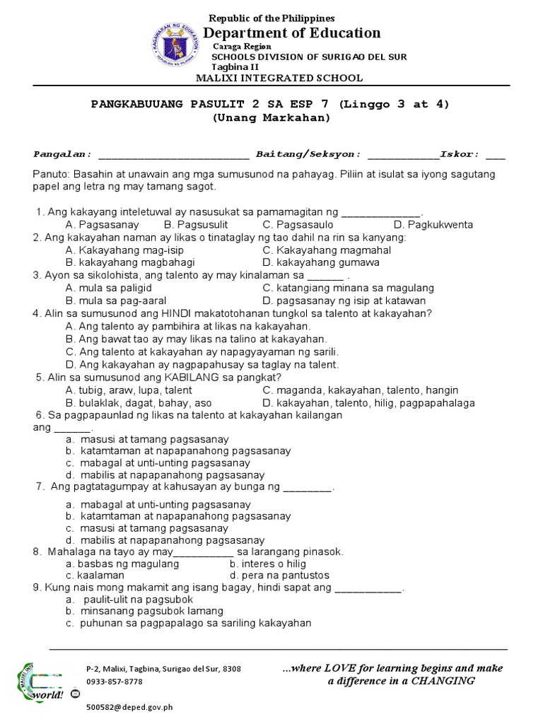 Q1 - ESP 7 - Summative Test 2 (W3&4) - 2021-2022 | PDF