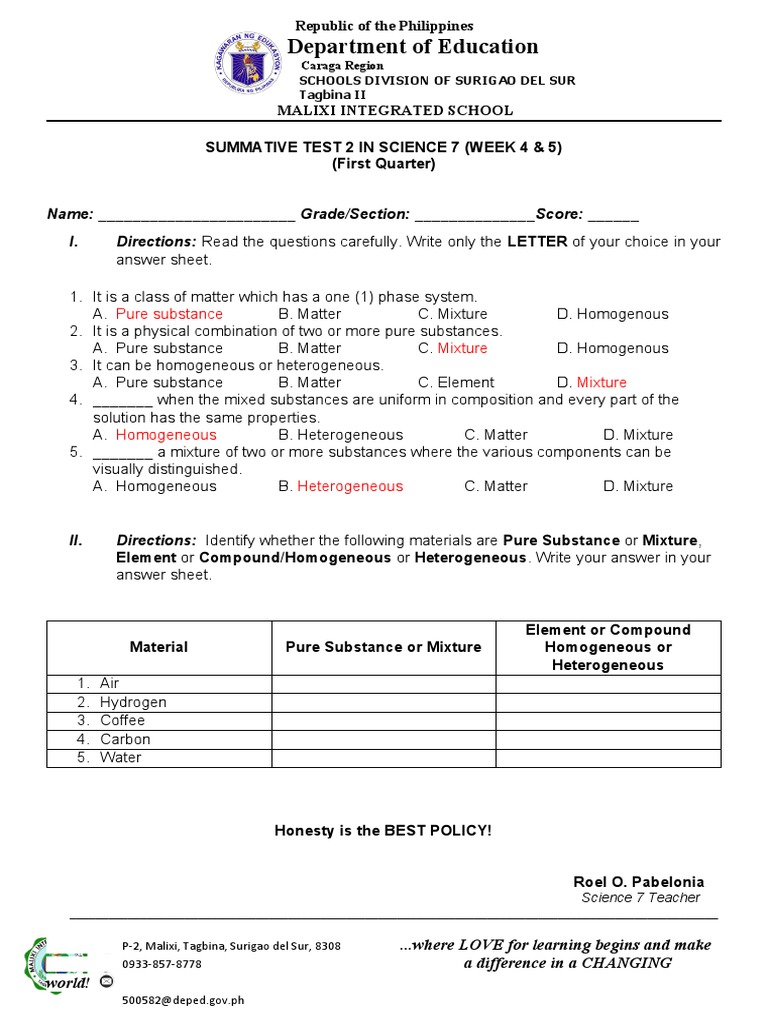 Q1 - SCIENCE 7 - Summative Test 2 (W4&5) - 2021-2022 | PDF | Mixture ...