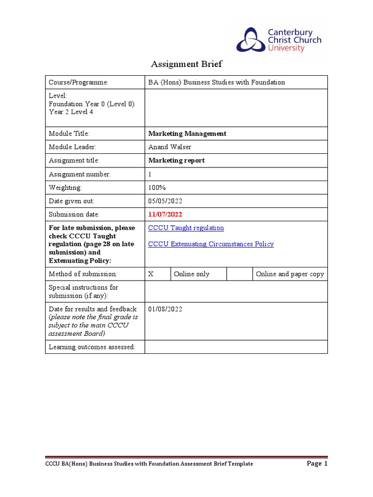 Cccu LSC Babs MM Assessment Apr22 | PDF | Educational Assessment | Marketing
