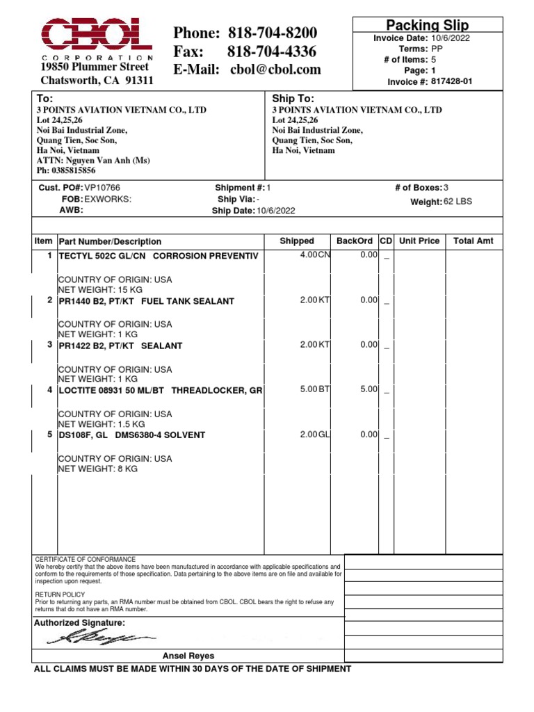 817428-01 Packing Slip | PDF