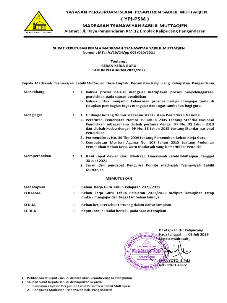 SK Beban Mengajar 2021-2022 | PDF
