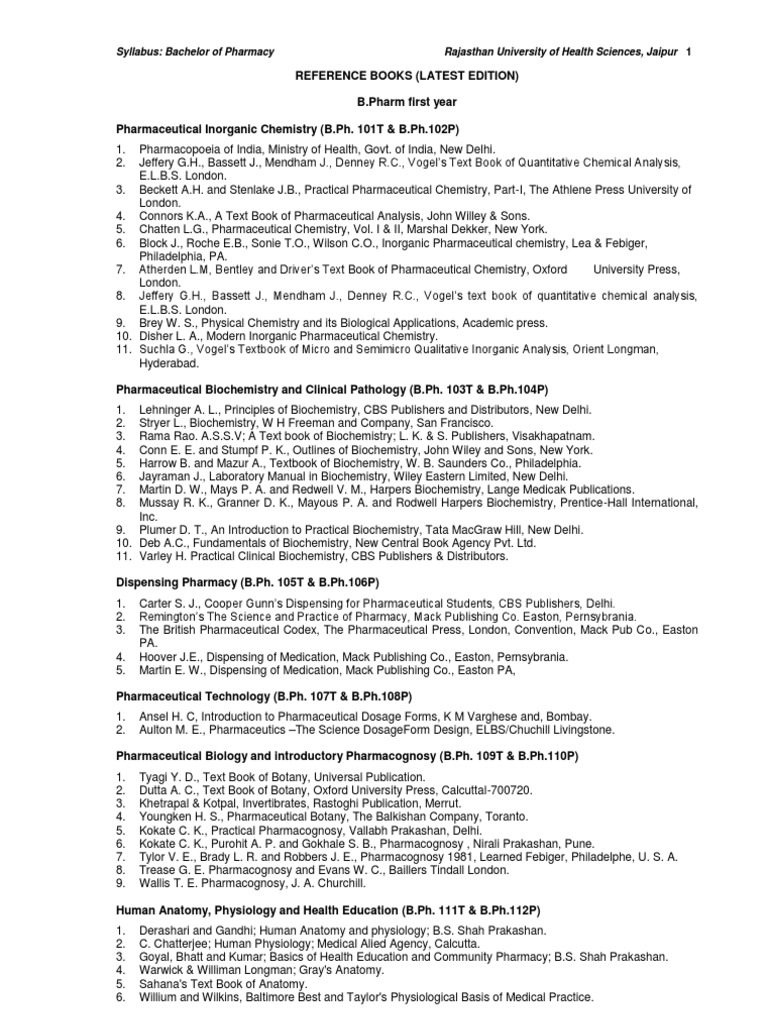 B.Pharm First Year Syllabus & References | PDF | Pharmacology ...