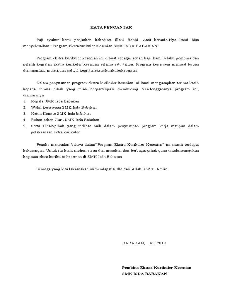 Contoh Program Kerja Ekstrakurikuler Kesenian (Seni Budaya) SMP Bu Ade | PDF
