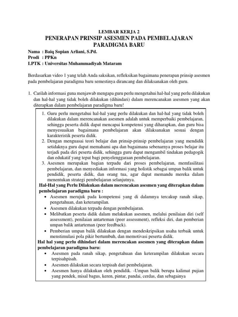 LK-2-Topik2 - Prinsip Pengajaran Dan Asesmen Yang Efektif I - Baiq Sopian Arliani | PDF