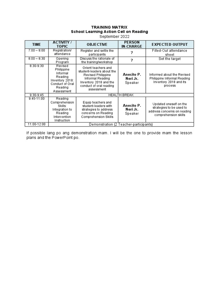Reading Training Matrix | PDF | Reading Comprehension | Cognition