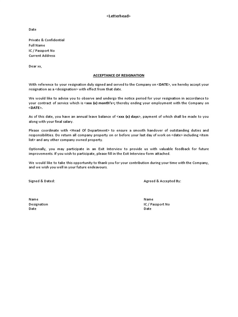 Resignation Acceptance Confirmation Letter | PDF | Career & Growth ...