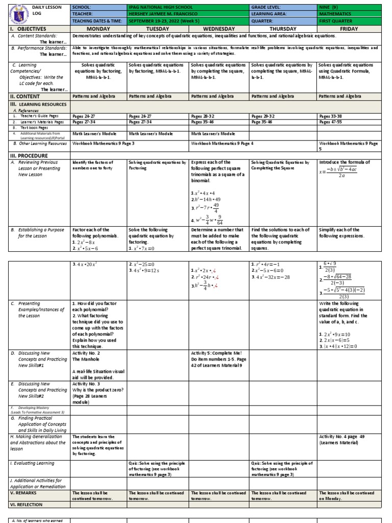 Math 9 DLL Week 5 | PDF | Factorization | Equations