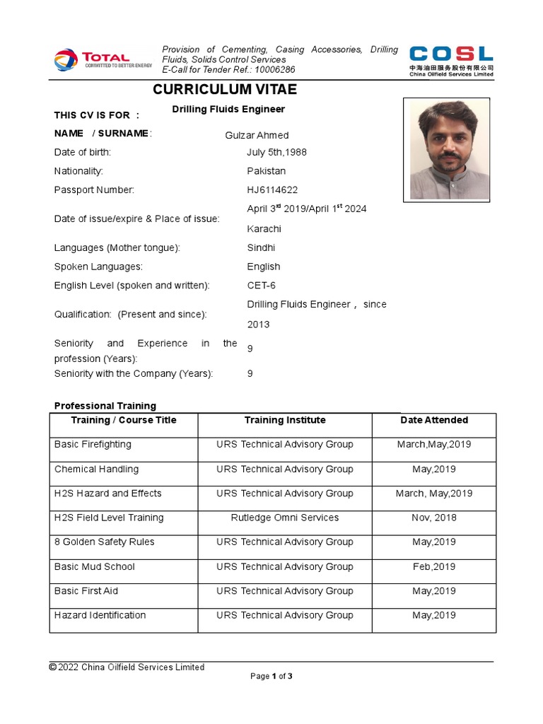 CV Mud Engineer Name Gulzar Ahmed | PDF | Sodium Chloride | Materials