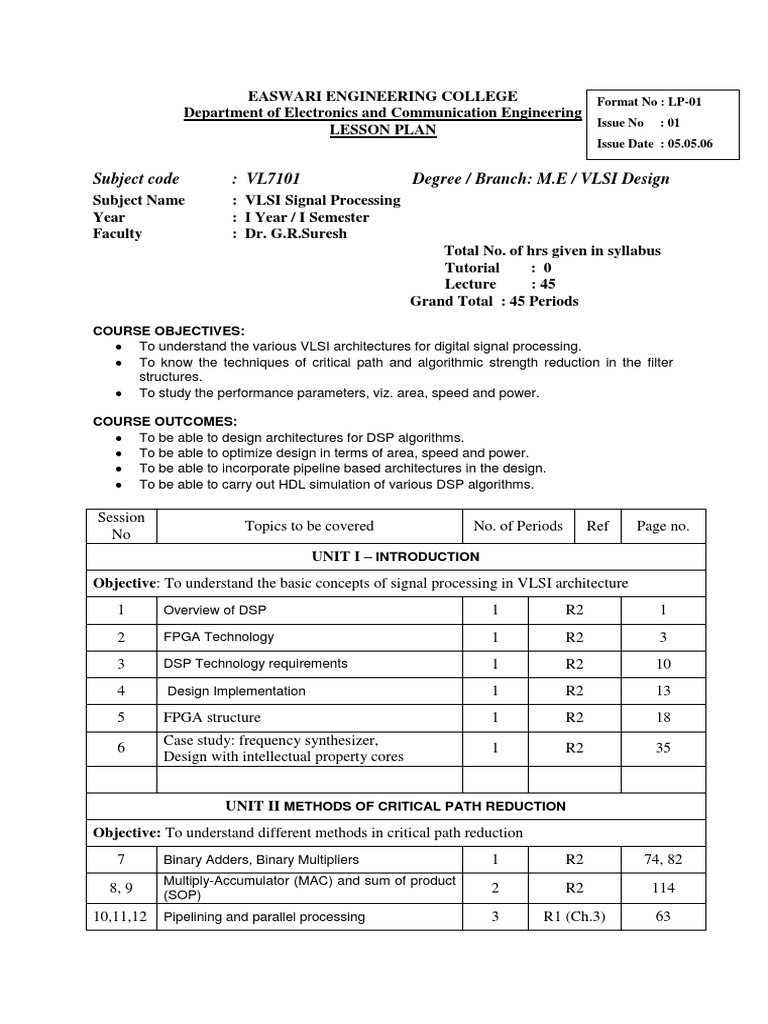 VLSI Signal Processing Lesson Plan | PDF | Digital Signal Processing ...