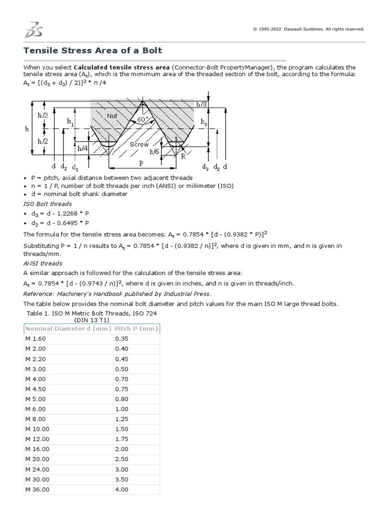 2013 SolidWorks - Tensile Stress Area of A Bolt | PDF