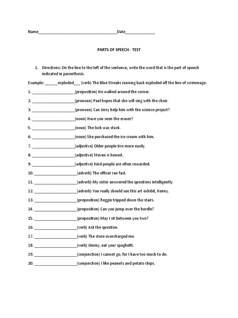 Parts of Speech Test Worksheet | PDF | Part Of Speech | Adverb