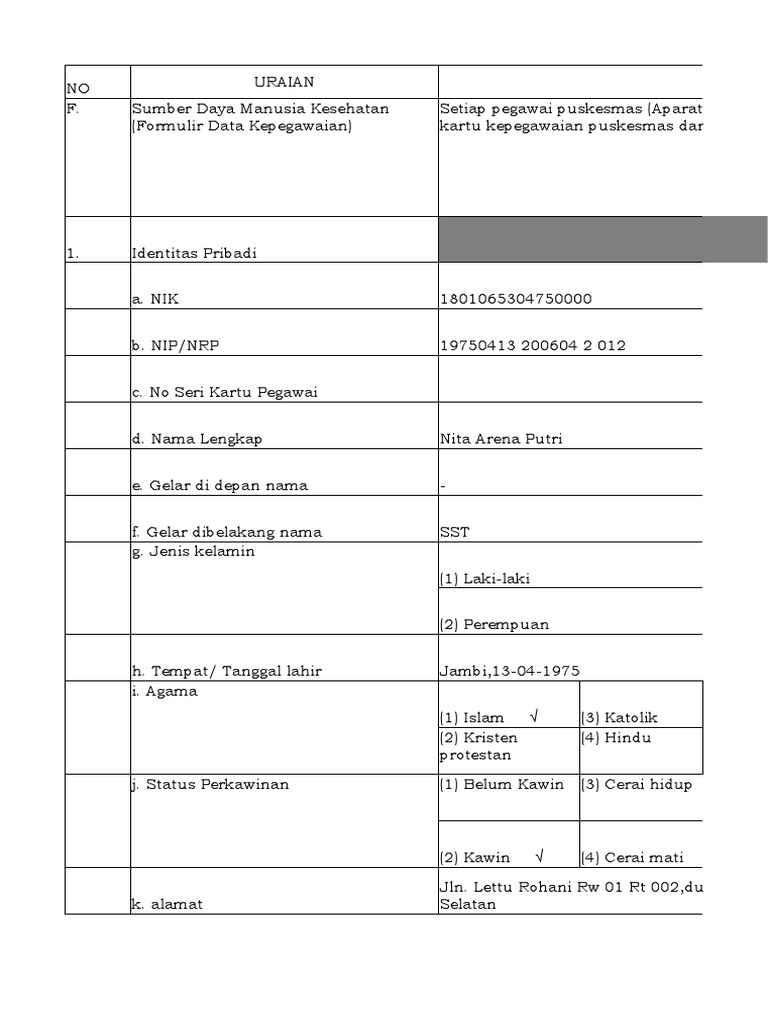 Data Sumber Daya Manusia Kesehatan (Formulir Data Kepegawaian) | PDF Data Sumber Daya Manusia Kesehatan (Formulir Data Kepegawaian) | PDF