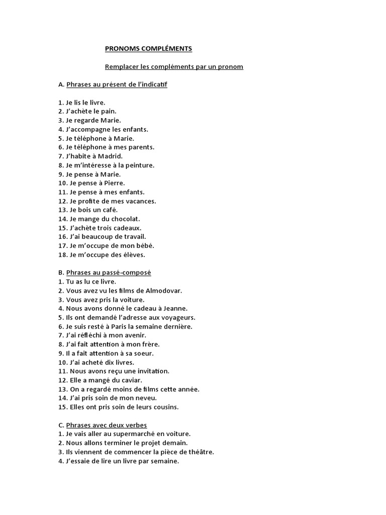 Exercices sur les pronoms compléments | PDF | Arts du langage et discipline