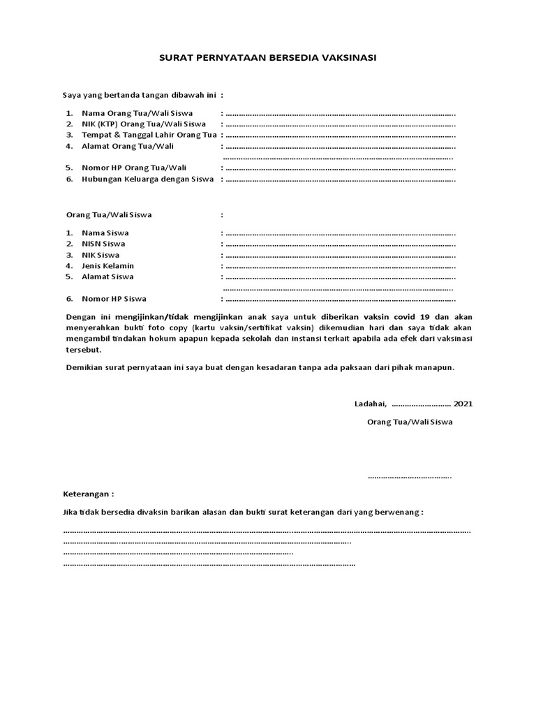 Surat Pernyataan Bersedia Vaksinasi | PDF