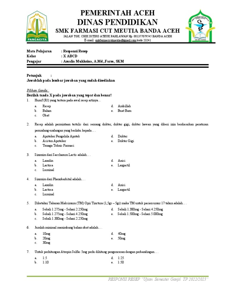Ujian Responsi Resep SMK Farmasi | PDF | Sains & Matematika