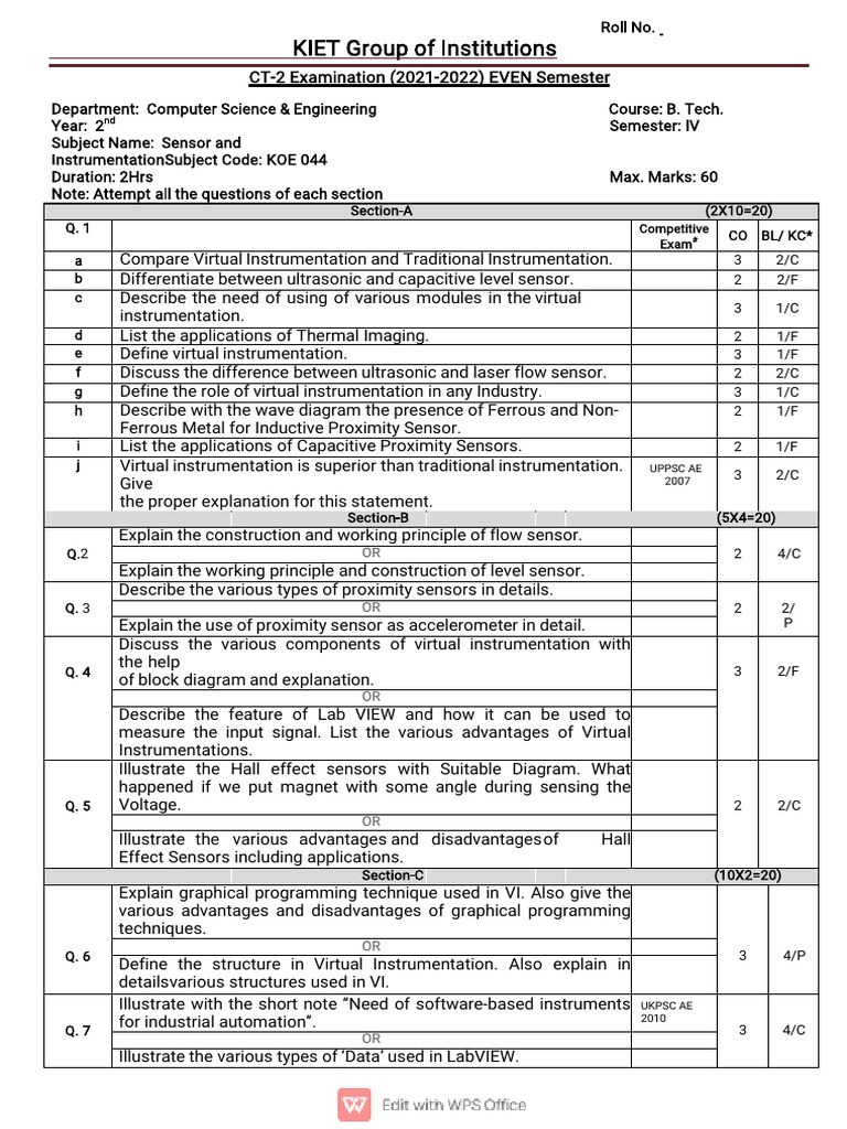 Sensor and Instrumentation KOE 044 - CT-2 - CSE - Set 1.pdf RUK ...
