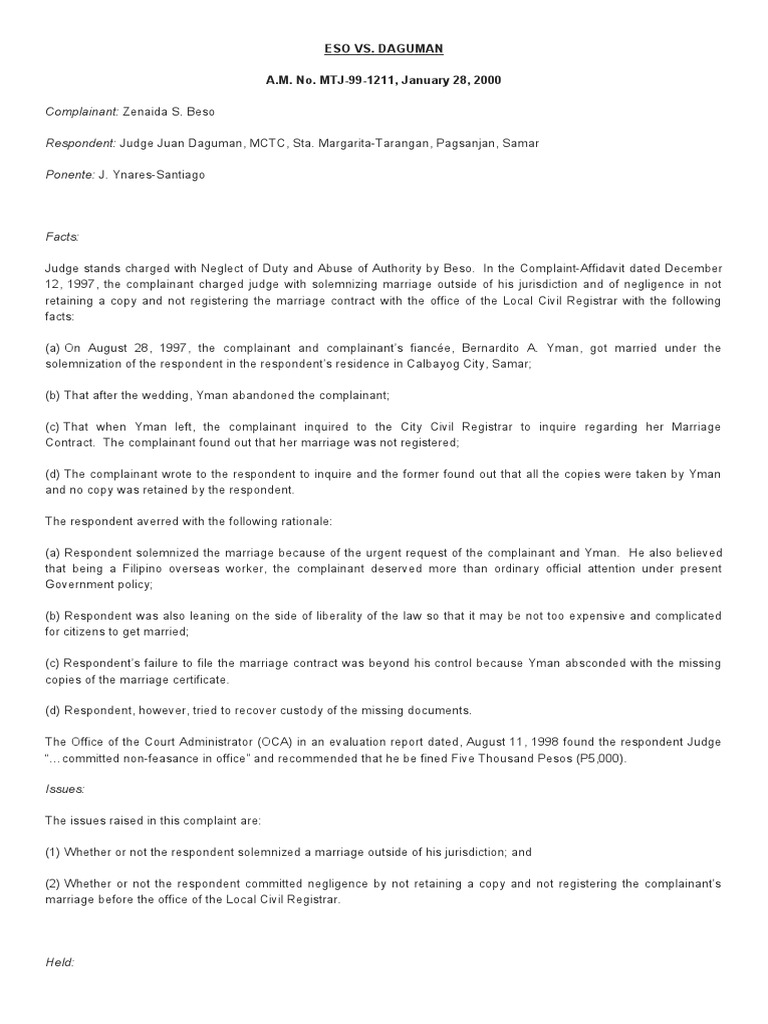 Authority of Solemnizing Officer Beso V Daguman | PDF | Marriage ...