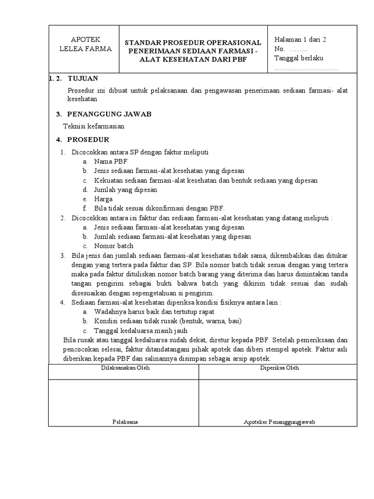 16 Sop Penerimaan Sediaan Farmasi - Alat Kesehatan Dari PBF | PDF