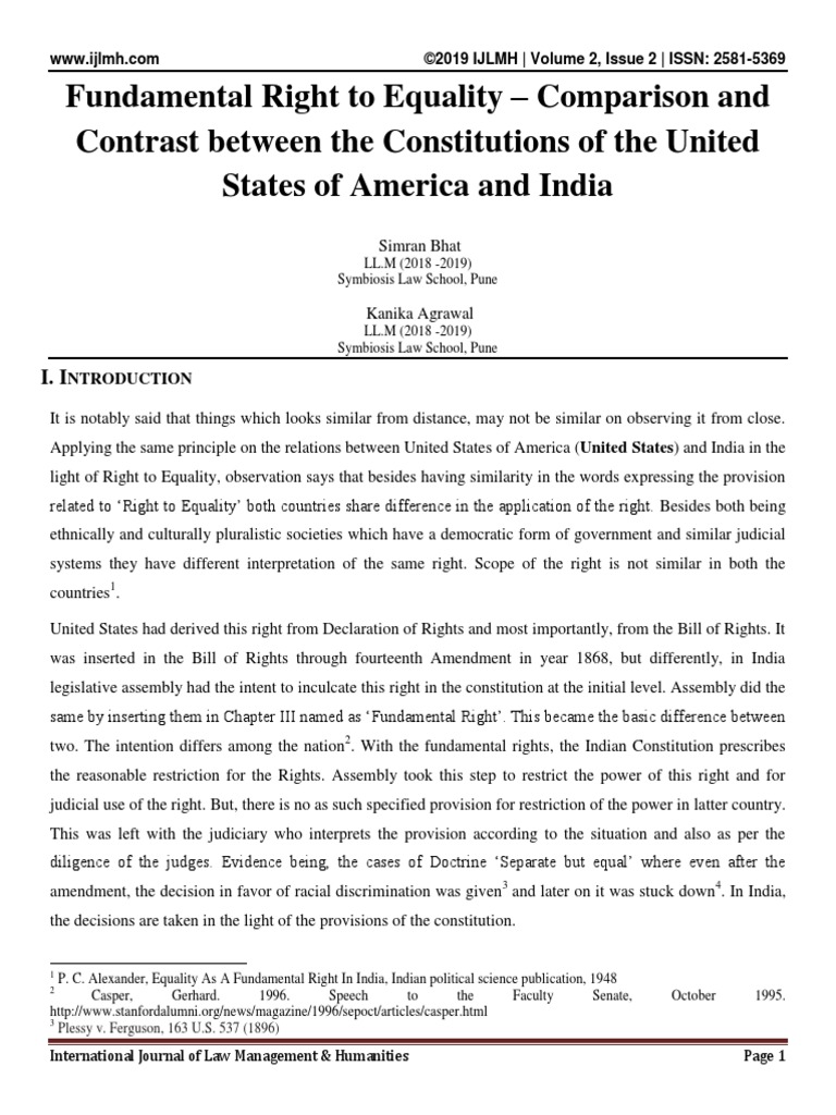 Fundamental Right Right To Equality - Comparison and Contrast Between ...