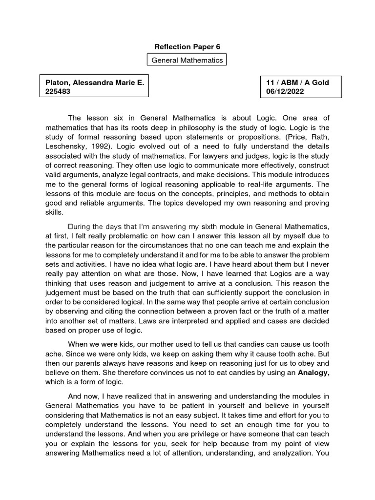 Reflection Paper 6 | PDF | Logic | Reason