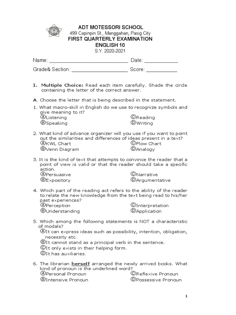 English 10 First Quarter Exam | PDF | English Language | Nicotine