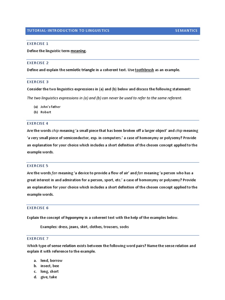 Exercises For Tutorial-Semantics | PDF