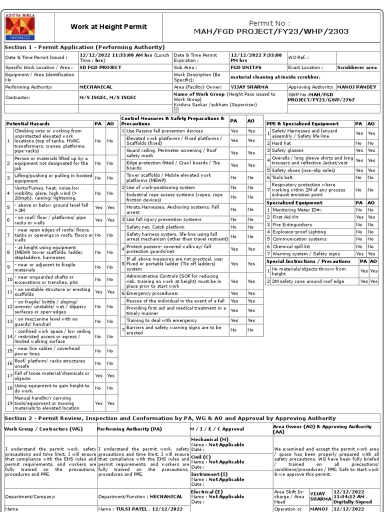 Work at Height Permit: MAH/FGD PROJECT/FY23/WHP/2303 | PDF ...
