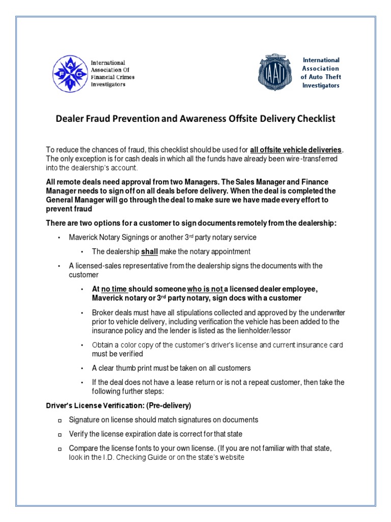 Fraud Prevention and Awareness Dealer Offsite Delivery Checklist | PDF ...