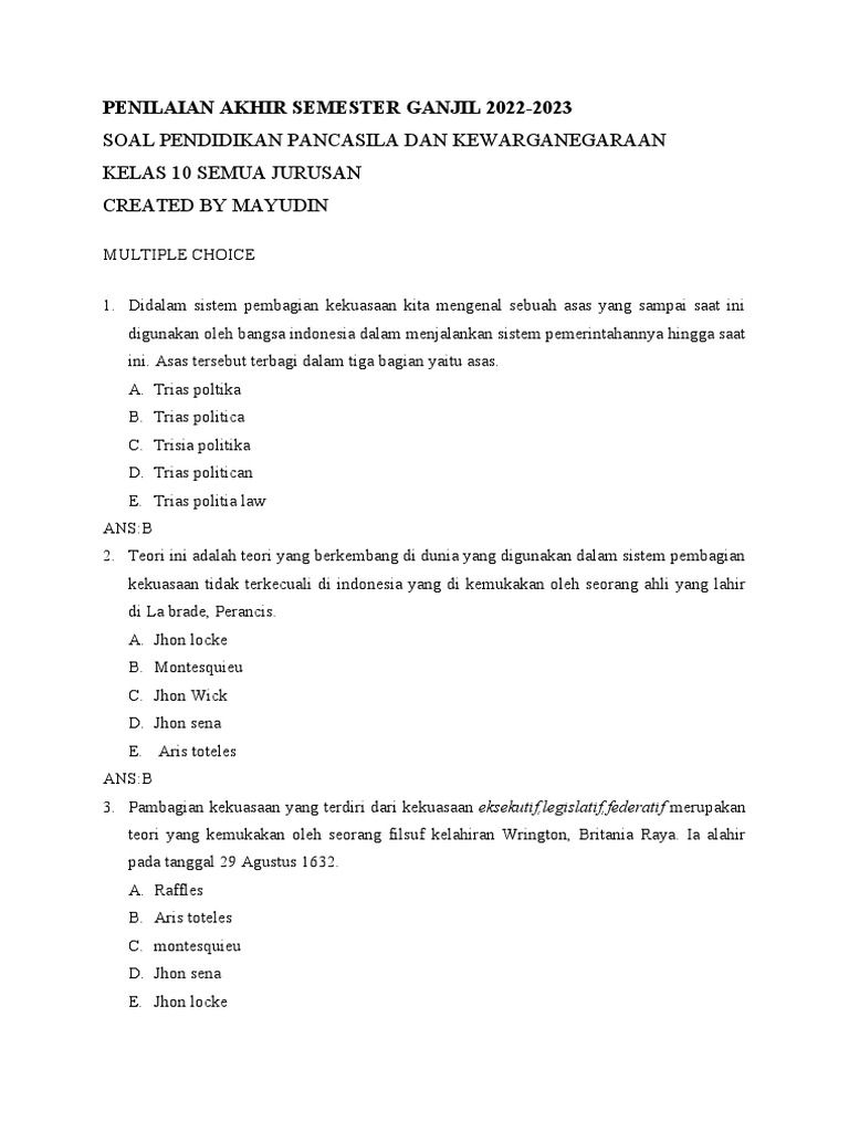Soal PPKn Kelas 10 Semester Ganjil | PDF | Politik