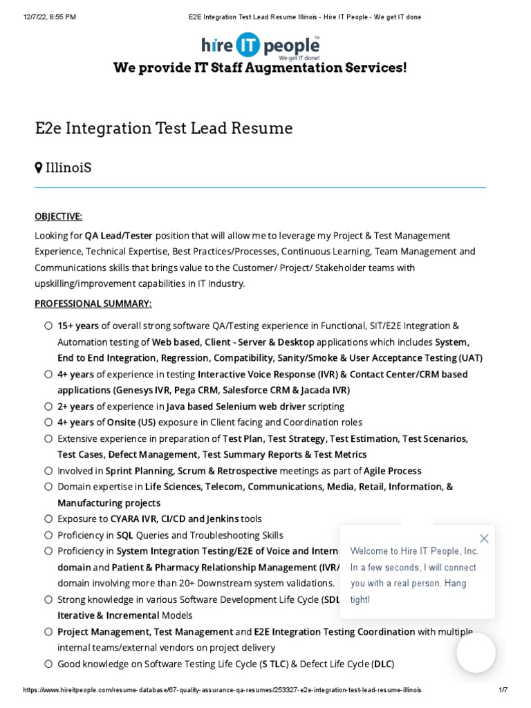 E2E Integration Test Lead Resume Illinois - Hire IT People - We Get IT ...