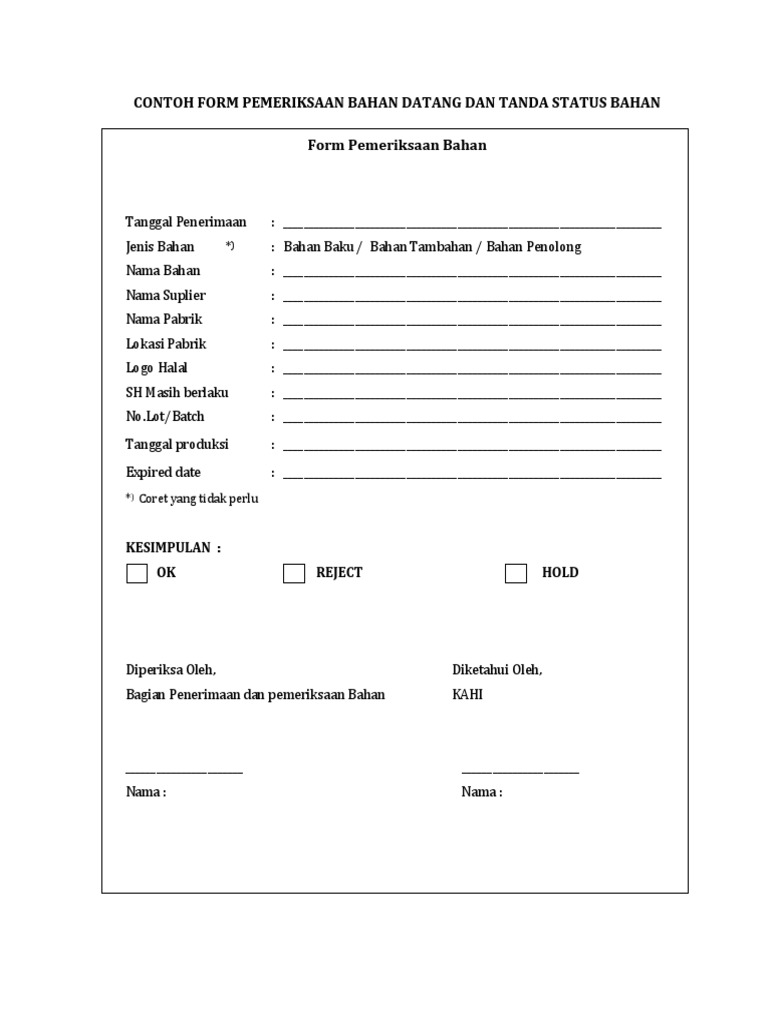 CONTOH FORM Pemeriksaan Bahan Datang Dan Status Bahan | PDF
