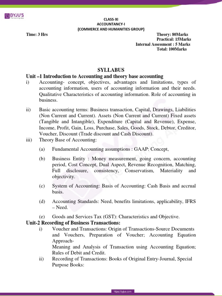 Accounting Class XI Syllabus Overview | PDF | Expense | Accounting