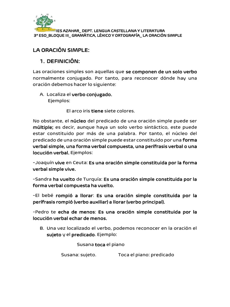 LA ORACIÓN SIMPLE - Suetjo y Predicado | PDF | Verbo | Asunto (gramática)