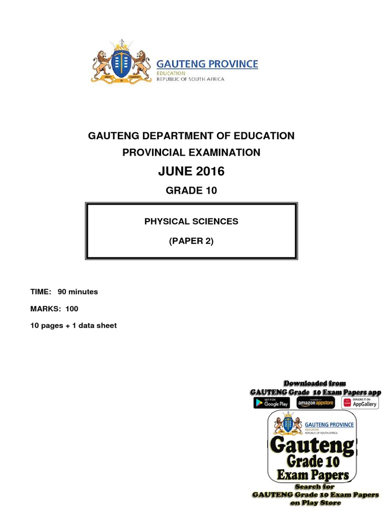 Grade 10 Provincial Exam Physical Science P2 (English) June 2016 Question Papers | PDF ...