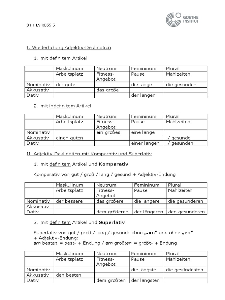 Adjektivdeklination Mit Komparativ Und Superlativ | PDF