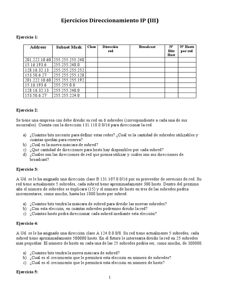 Ejercicios Direccionamiento IP III | PDF | Dirección IP | Estándares de internet