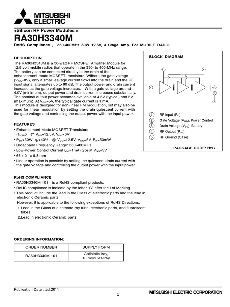 RA30H3340M MitsubishiElectric | PDF | Amplifier | Field Effect Transistor