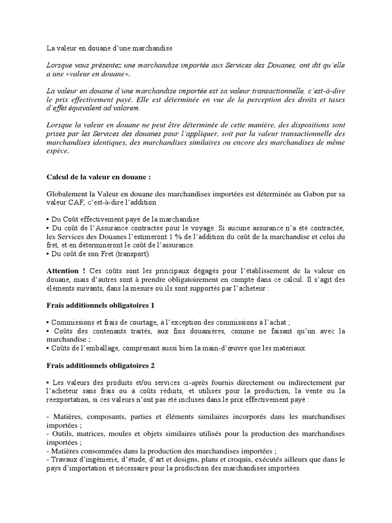 La Valeur en Douane | PDF | Taxe sur la valeur ajoutée | Droit d'accise