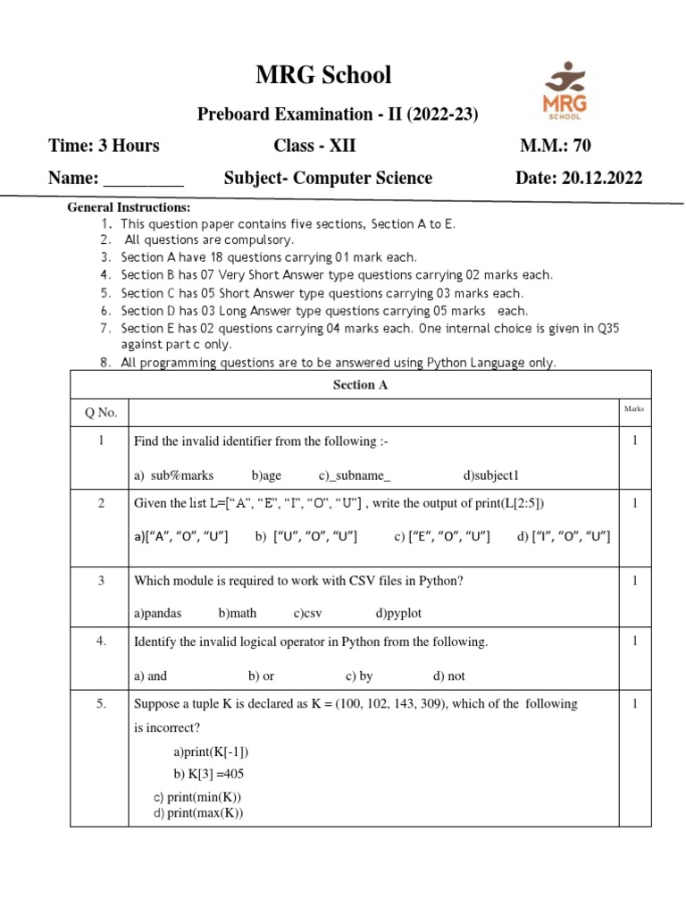 Class XII Computer Science Preboard Exam | PDF