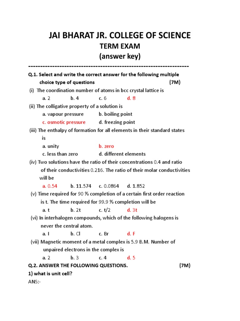 Chemistry Term Exam Answer Key | PDF | Coordination Complex | Chemical ...