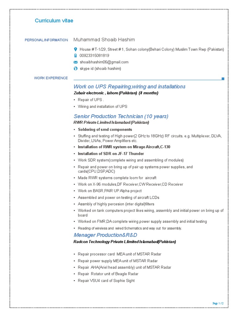A Career in Electronics: Muhammad Shoaib Hashim's Curriculum Vitae ...