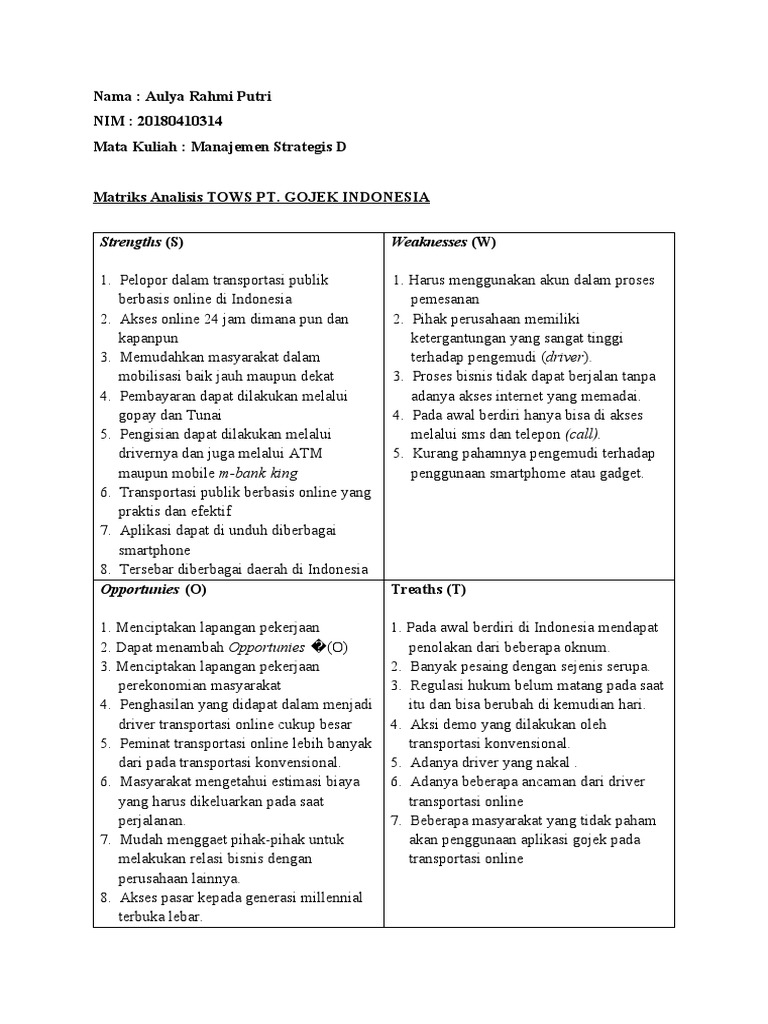Analisis TOWS PT. GOJEK INDONESIA | PDF