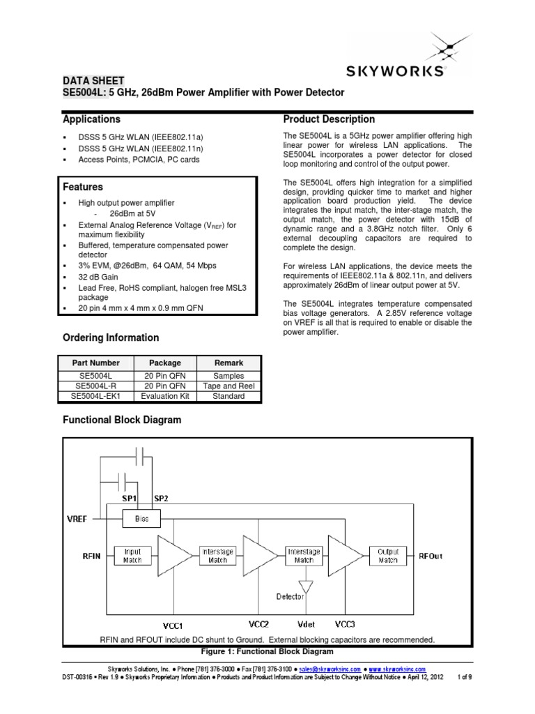 Data Sheet Se5004L: 5 GHZ, 26Dbm Power Amplifier With Power Detector Applications Product ...