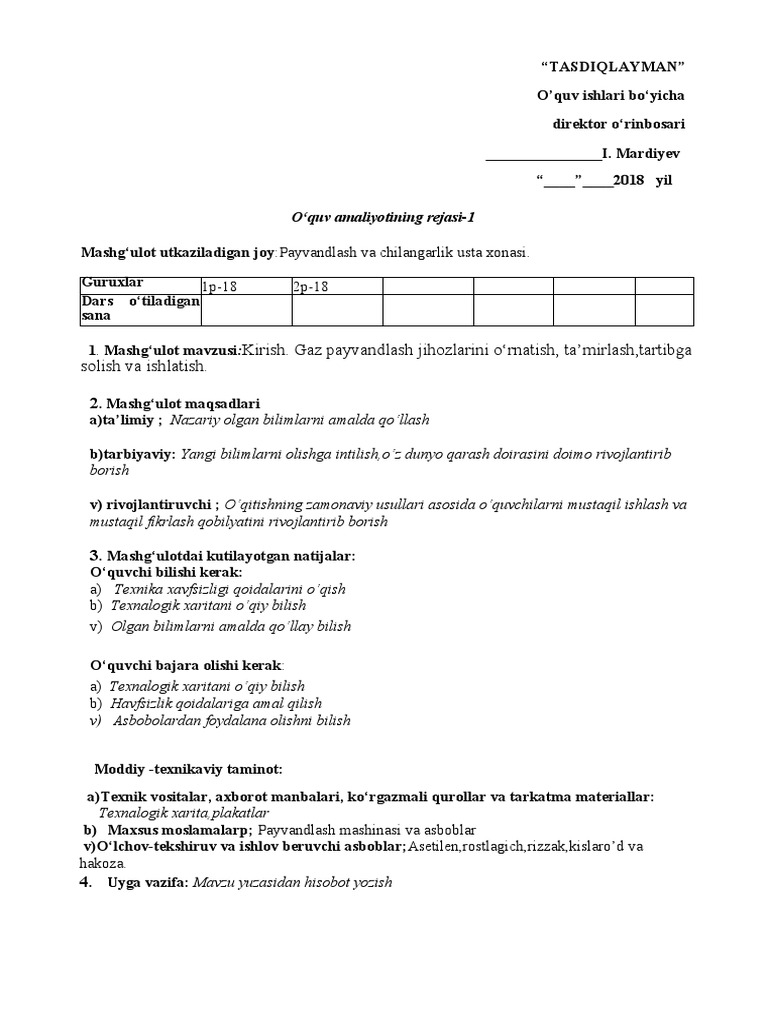 Gaz Payvandlash Dars Reja | PDF